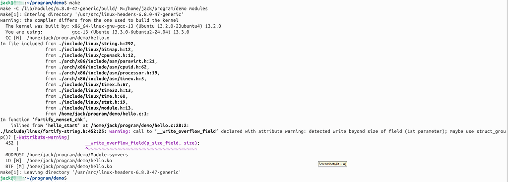 Ubuntu 24.04 kernel module compile warning "call to ‘__write_overflow_field’ declared with ...